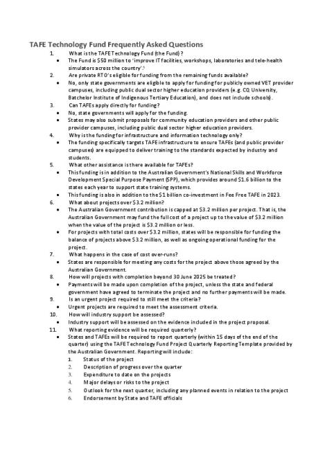 FAQs TAFE Technology Fund - Department of Employment and Workplace Relations, Australian Government